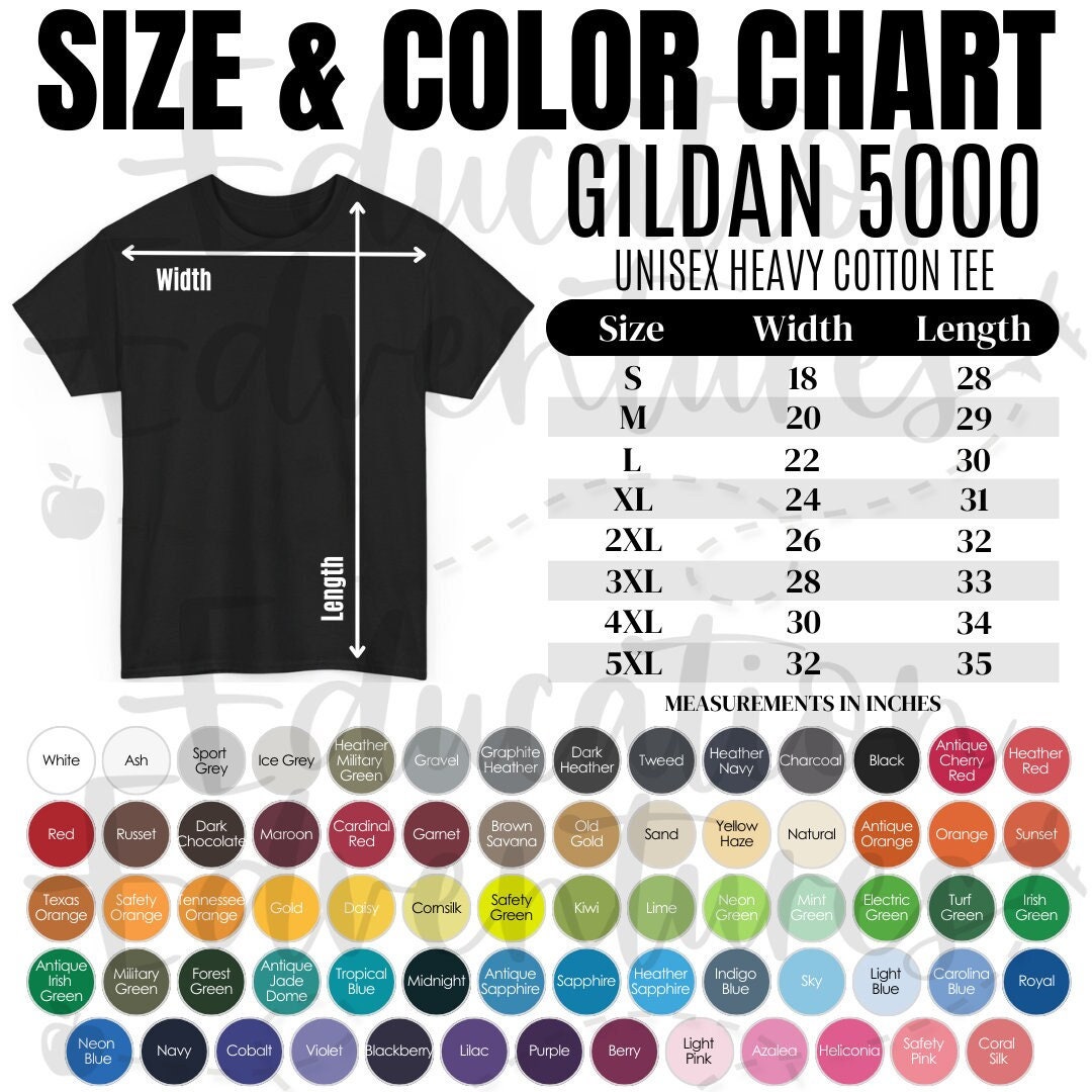 Gildan 5000 Color & Size Chart, Printify Product Listing for Heavy ...