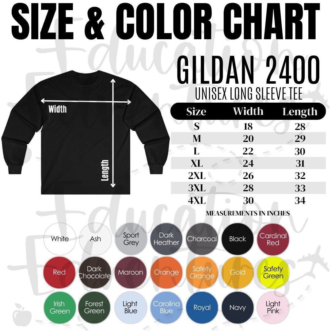 Gildan 2400 Color & Size Chart, Printify Product Listing for Unisex ...