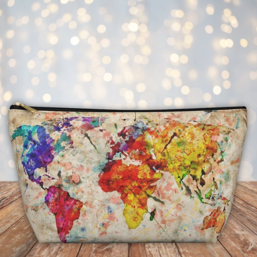 Vintage Watercolor Rainbow World Map Cosmetic Bag Accessory Pouch ...