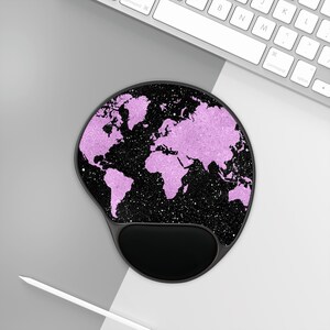 Sparkly Purple World Map Mouse Pad With Wrist Rest Support, Travel ...