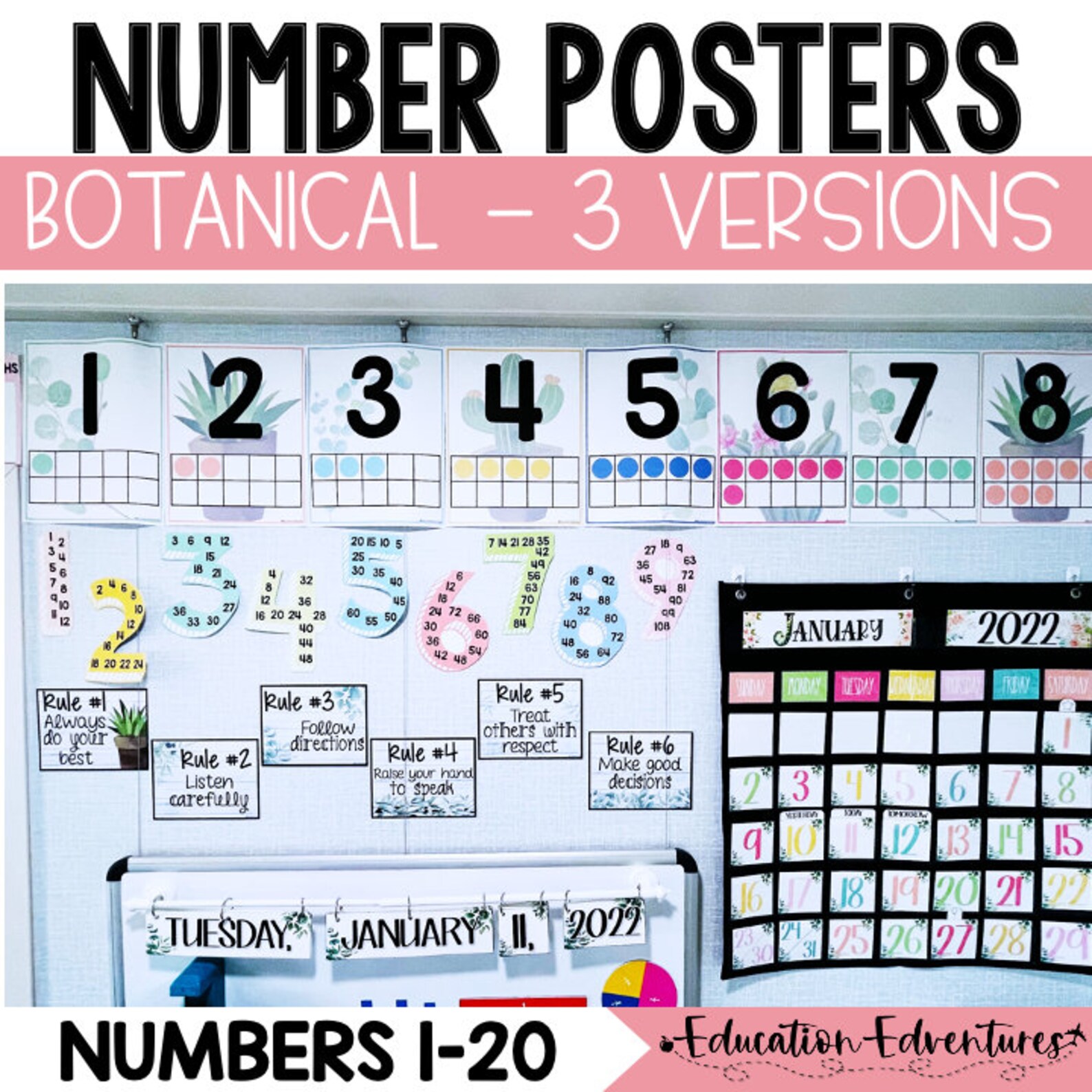 Botanical Ten Frame Number Posters Tally Marks Base 10 Classroom Decor ...