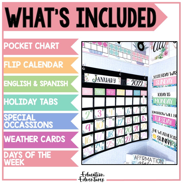 Botanical Pocket Chart Calendar & Flip Calendar and Weather EDITABLE ...