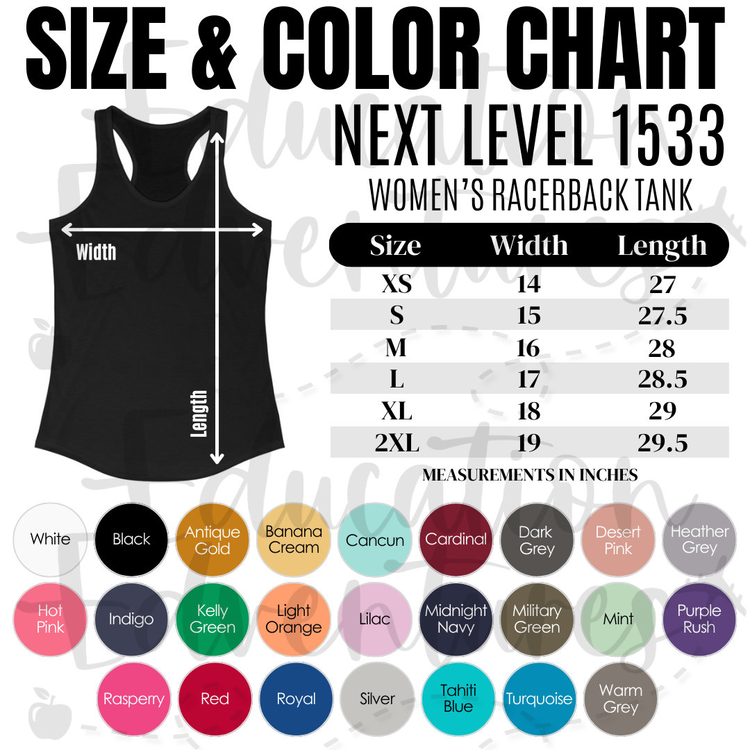 Next Level 1533 Color & Size Chart, Printify Product Listing for Women ...