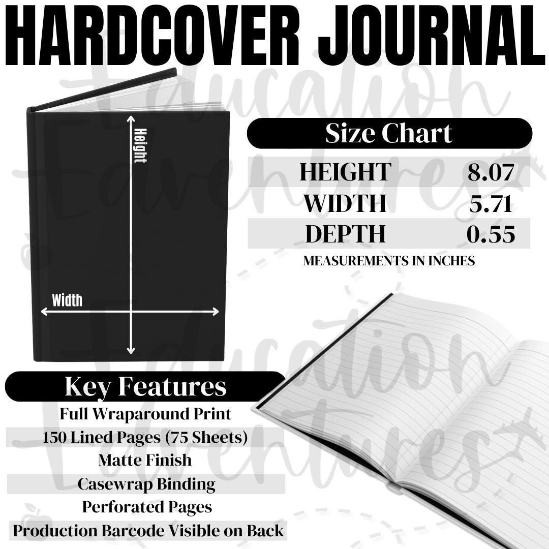 Hardcover Journal Matte Size Chart and Key Features, Printify POD ...
