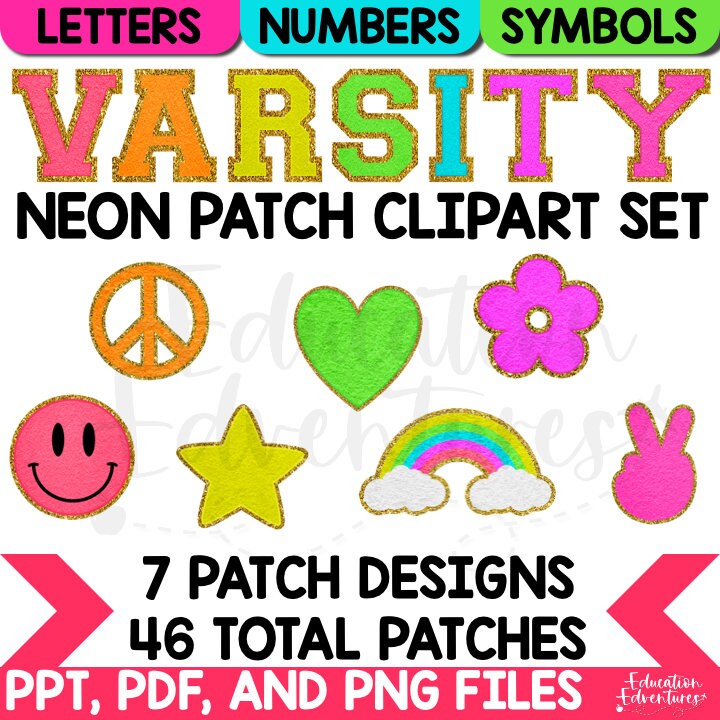 Neon Groovy Varsity Patch Letters Clipart & Bulletin Board Set ...
