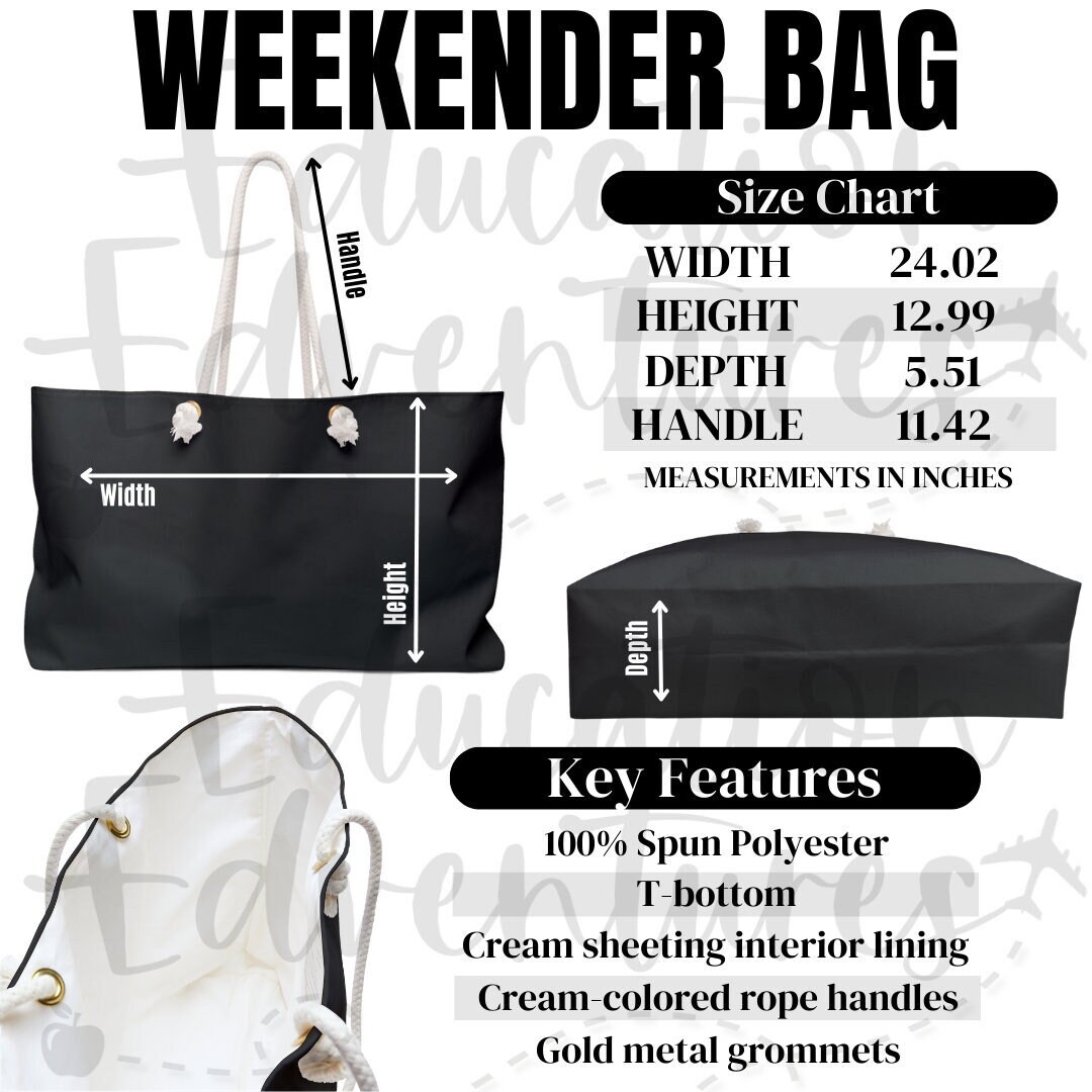 Weekender Bag Size and Key Feature Chart, Printify Product Listing for ...