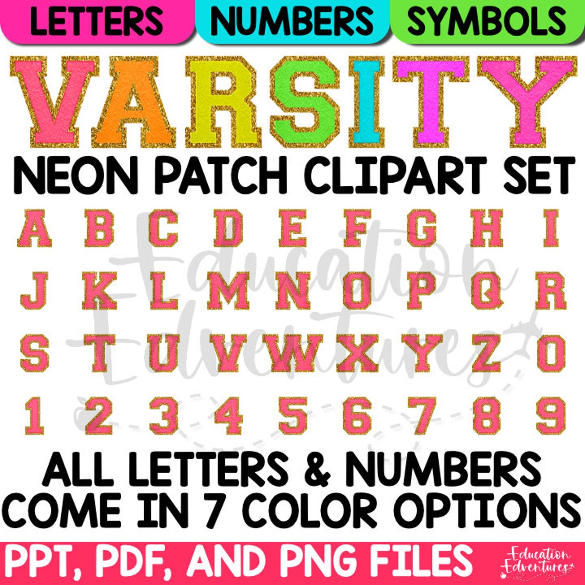 Neon Groovy Varsity Patch Letters Clipart & Bulletin Board Set - Etsy