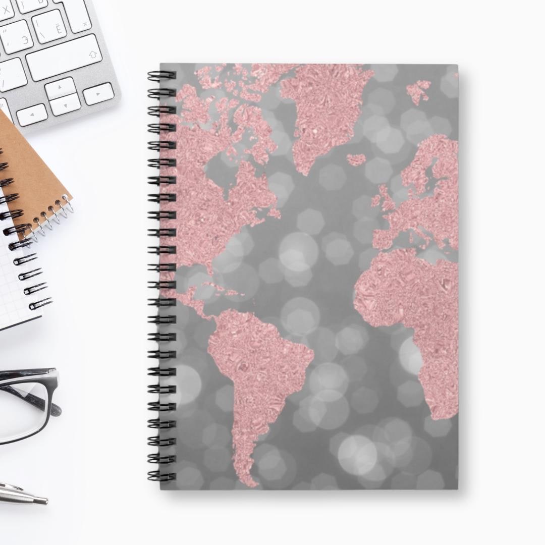 Rose Gold Sparkly World Map Spiral Notebook - Ruled Line, Travel Theme ...