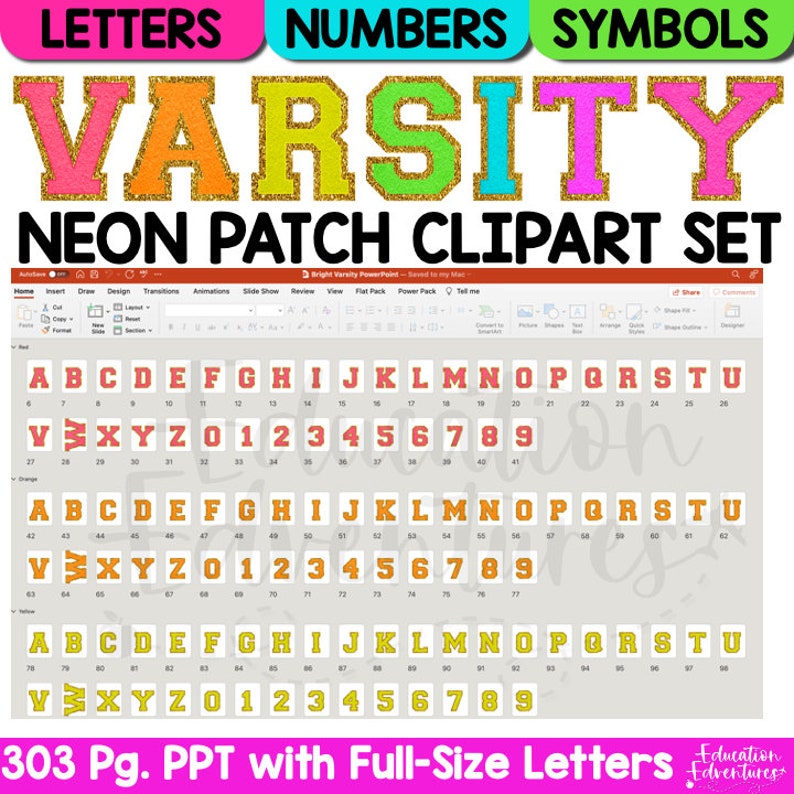 Neon Groovy Varsity Patch Letters Clipart & Bulletin Board Set - Etsy