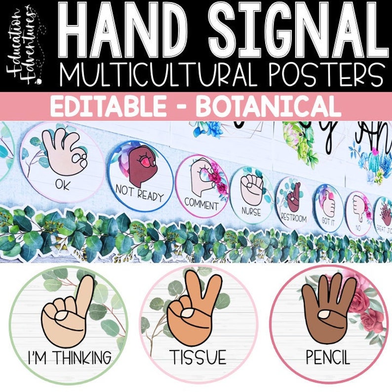 Botanical Classroom Hand Signal Posters EDITABLE Classroom Decor - Etsy