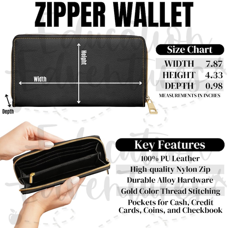 Zipper Wallet Size Chart and Key Features, Printify POD Product Listing ...