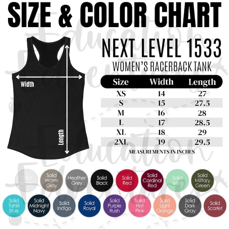 Next Level 1533 Color & Size Chart, Printify Product Listing for Women ...