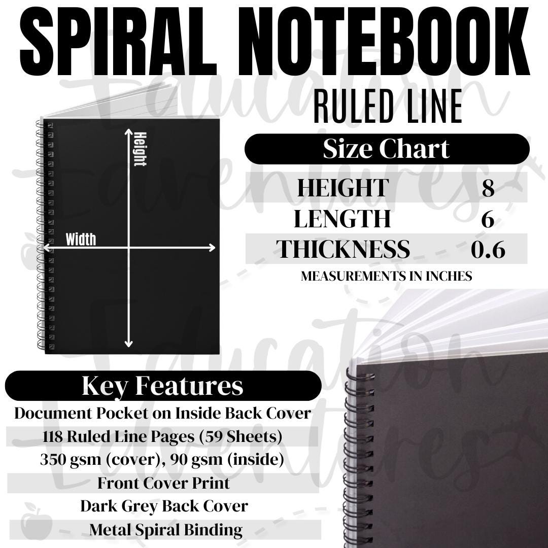 Spiral Notebook Ruled Size Chart and Key Features, Printify POD Product ...