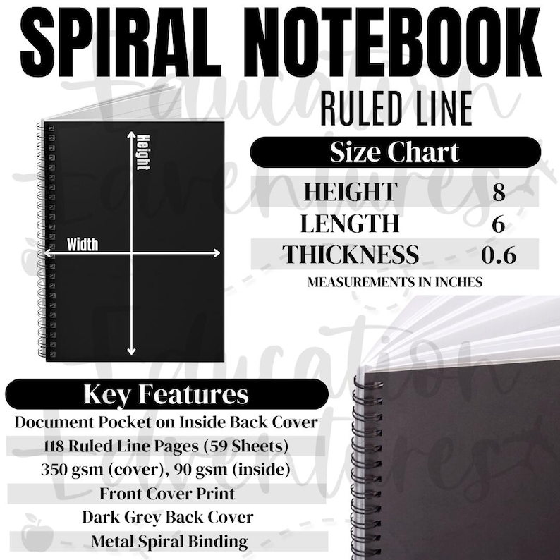 Spiral Notebook Ruled Size Chart and Key Features, Printify POD Product ...