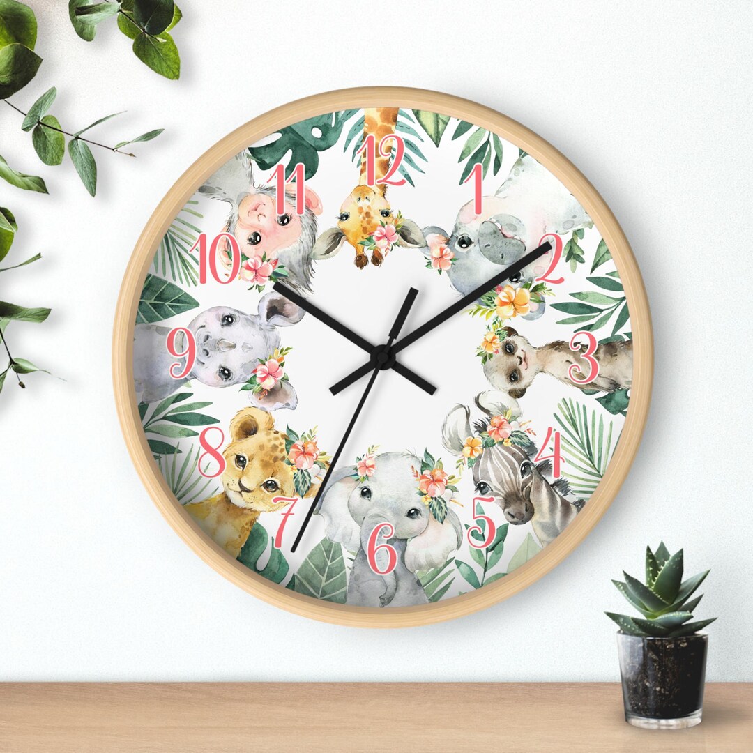 Safari Animals Wall Clock, Nursery Decor, Kids Room Accent, Gift for ...