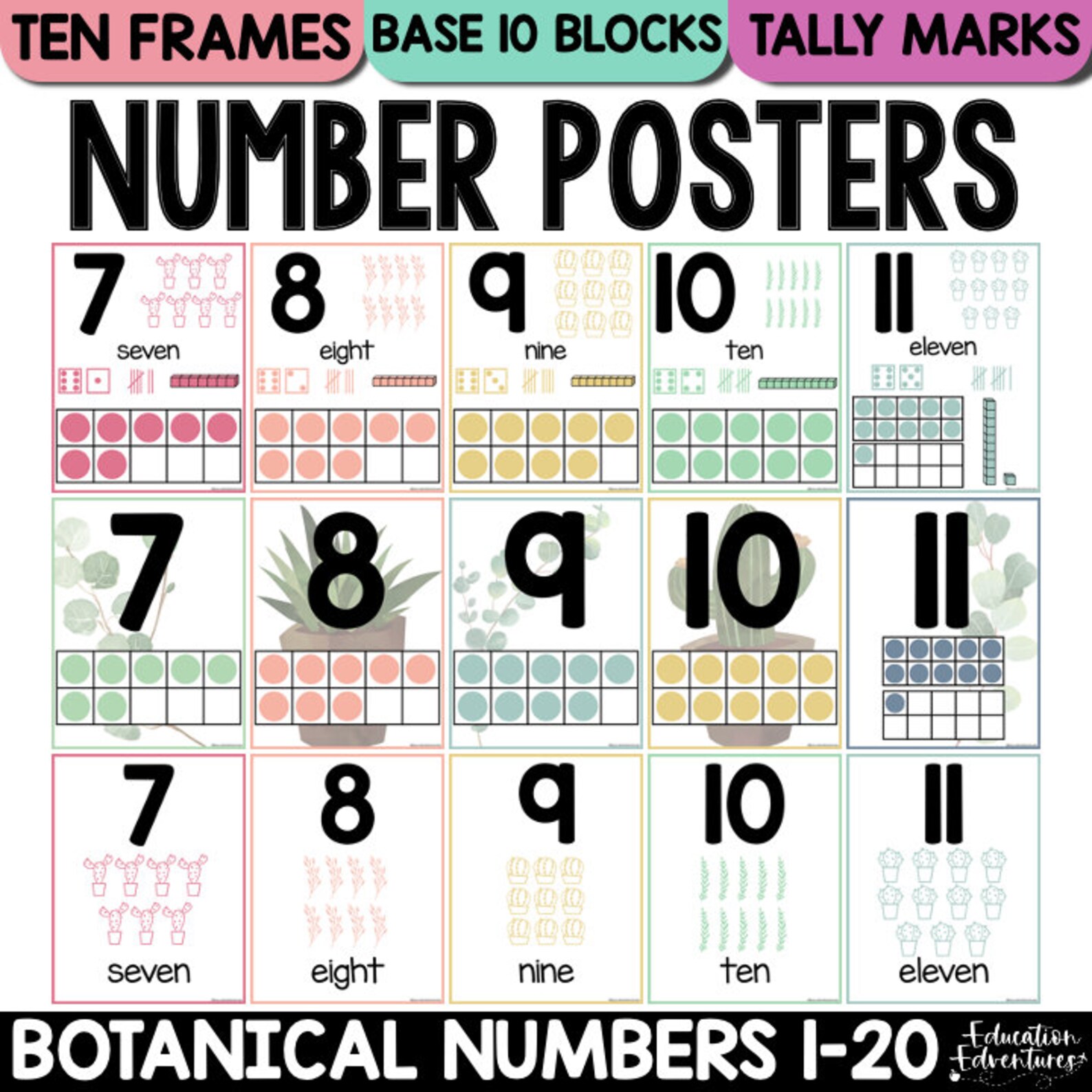 Botanical Ten Frame Number Posters Tally Marks Base 10 Classroom Decor ...