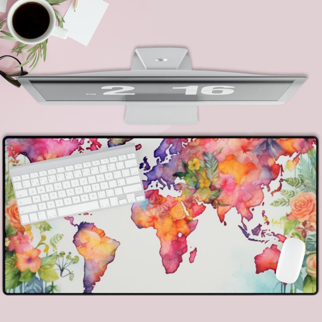 Watercolor Floral World Map Desk Mat, Travel Theme Home & Living, Gift ...