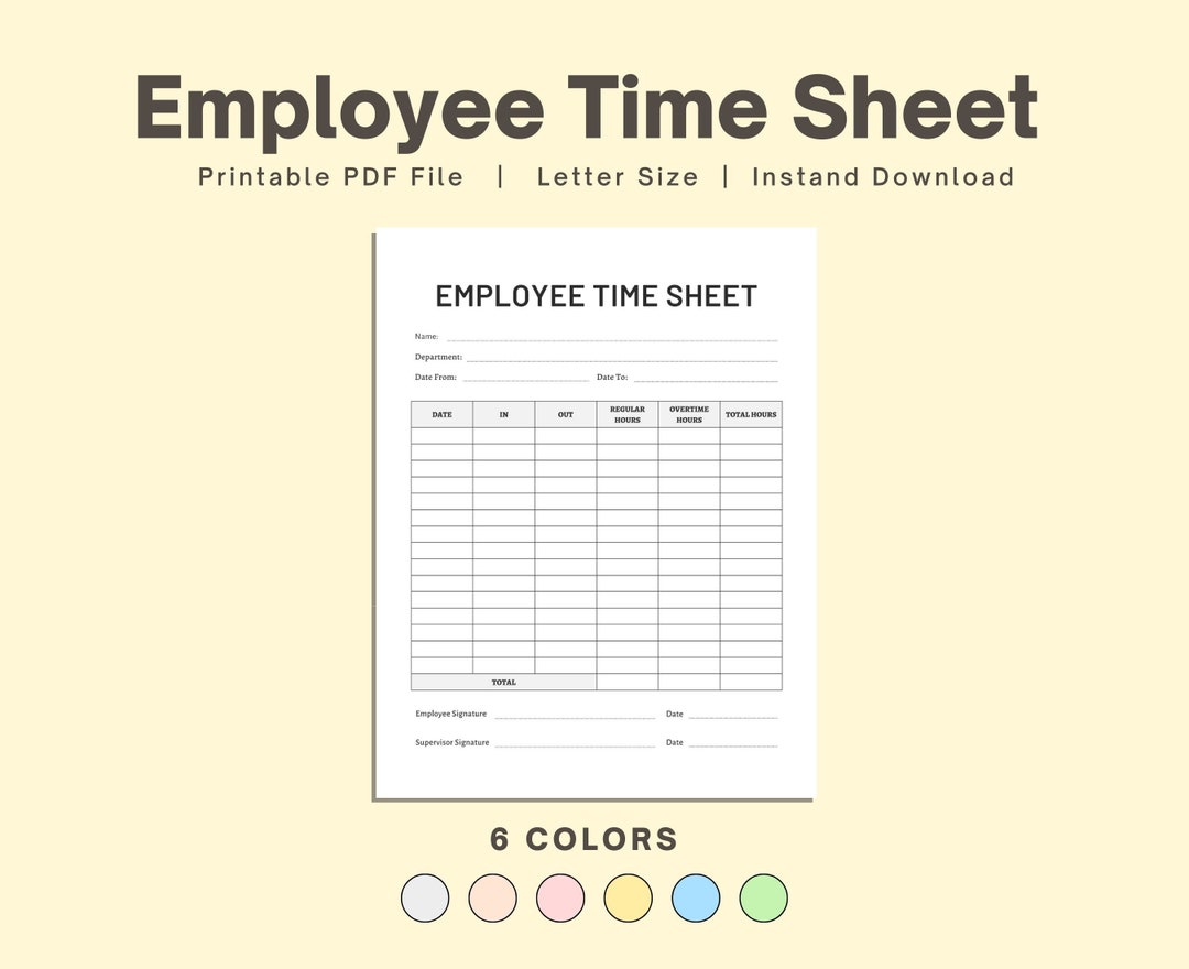 Employee Time Sheet. Work Hours Log. Printable Timesheet. PDF. Letter ...