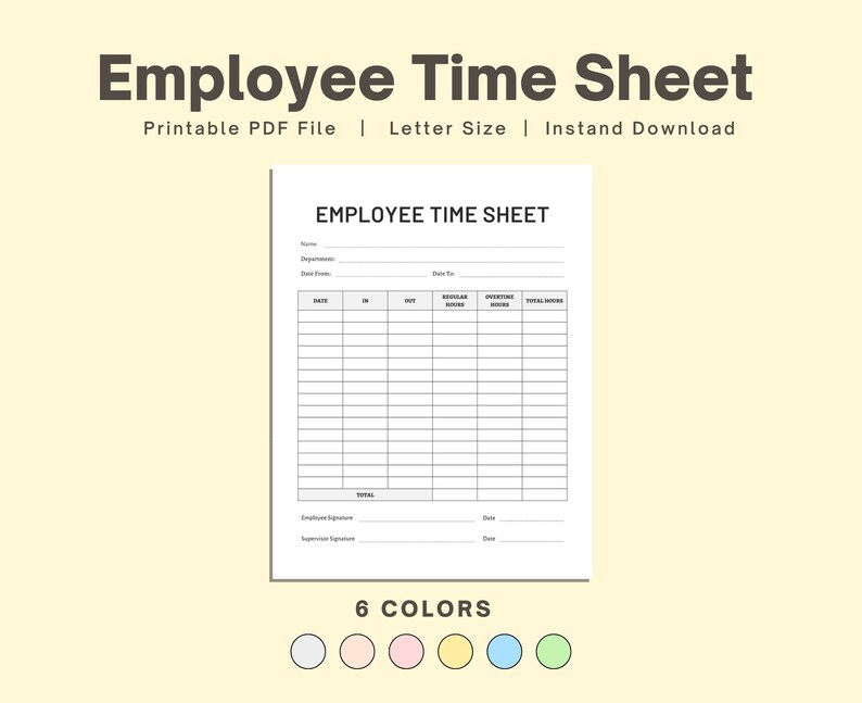 Employee Time Sheet. Work Hours Log. Printable Timesheet. PDF. - Etsy ...