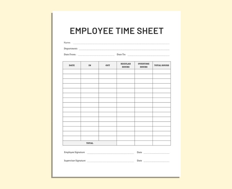 Employee Time Sheet. Work Hours Log. Printable Timesheet. PDF. Letter ...