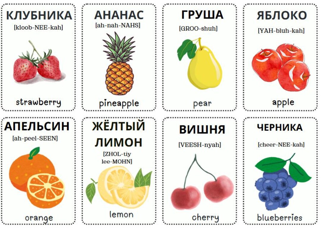 Russian Fruit Flashcards - Learn 16 Fruits With English to Russian ...