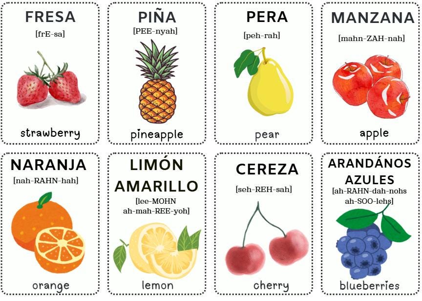 Spanish Fruit Flashcards: Bilingual Learning Printable (PDF) - Etsy
