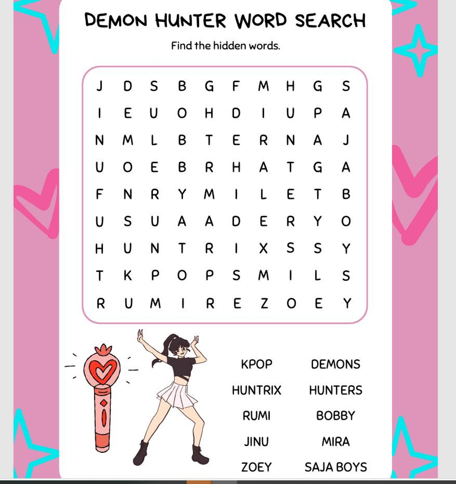 K-pop Demon Hunter Word Search | Printable Korean Fan Activity | Aesthetic K-drama Puzzle for ...