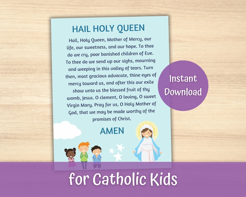 Hail Holy Queen Prayer Poster for Catholic Kids, Sunday School Prayer ...