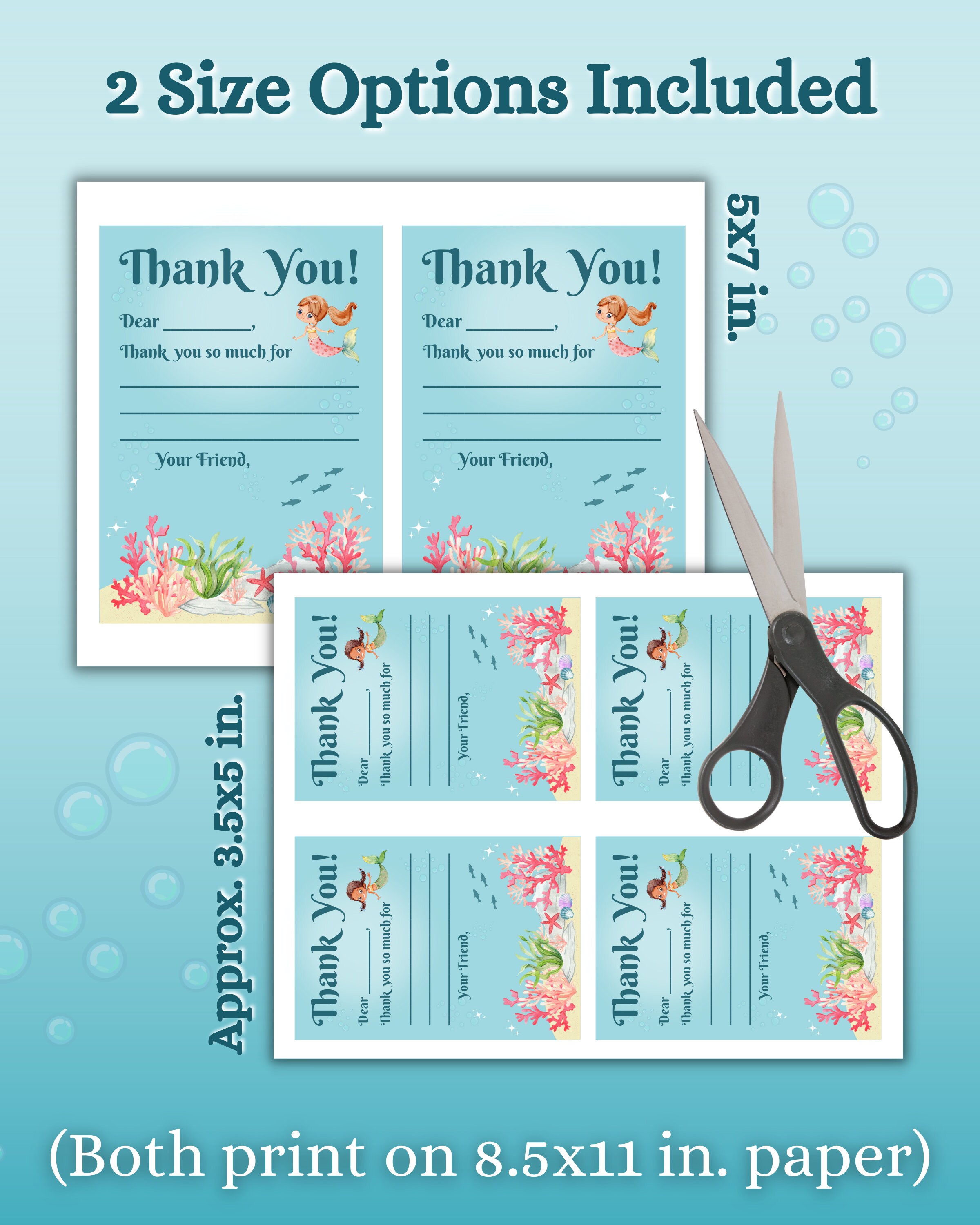 Mermaid Birthday Thank You Cards for Kids, Under the Sea Party Thank ...