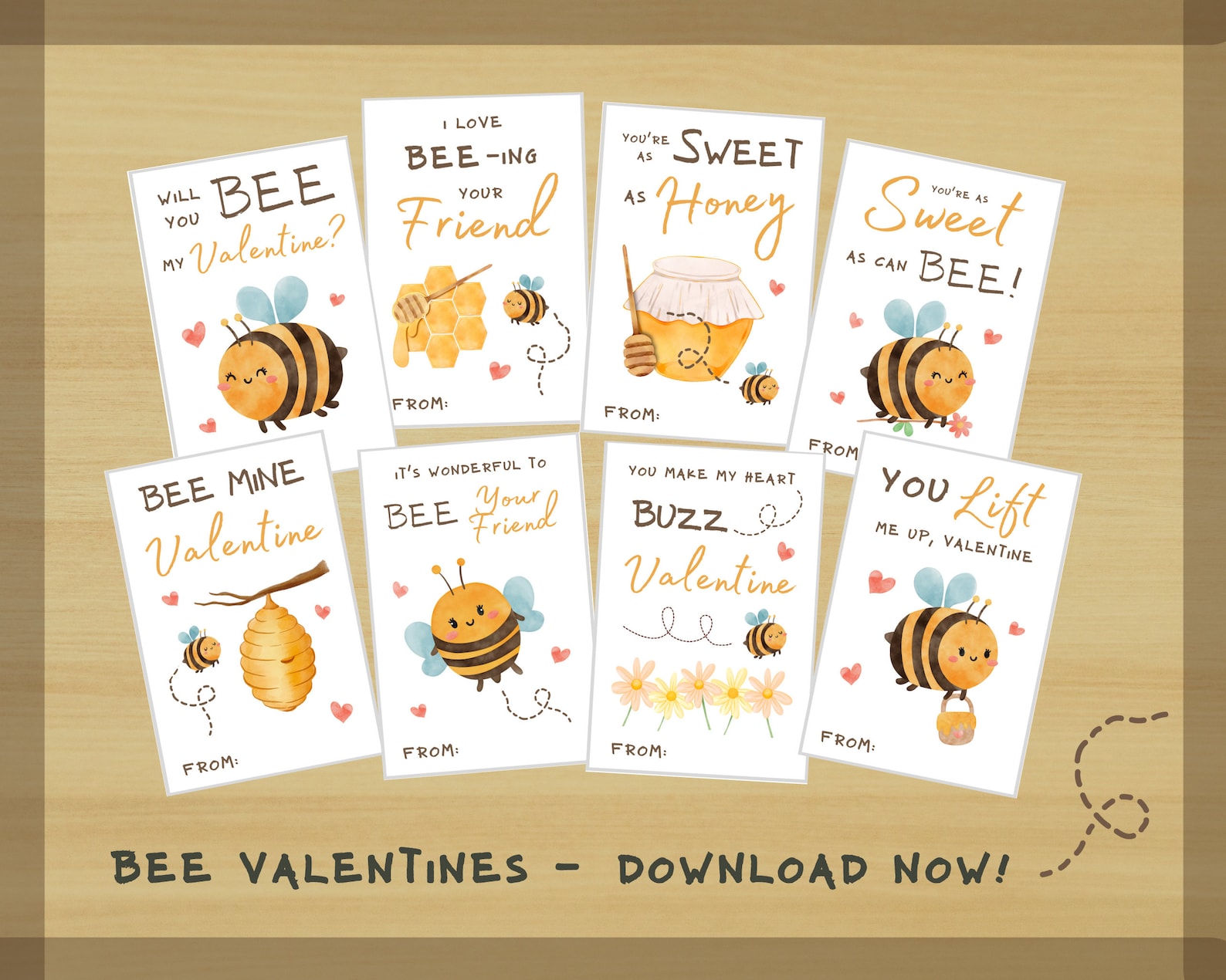 Cute Bee Valentines Day Cards for Kids, Honey Bee School Valentines ...
