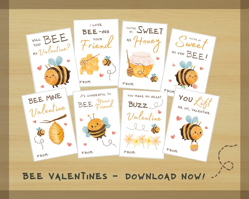 Cute Bee Valentines Day Cards for Kids, Honey Bee School Valentines ...