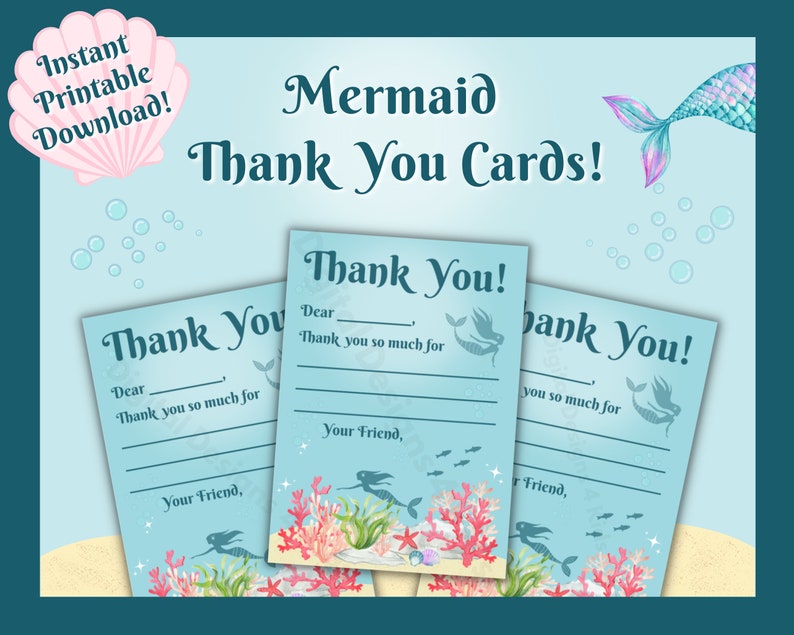 Mermaid Thank You Cards for Kids, Birthday Party Thank You Card ...