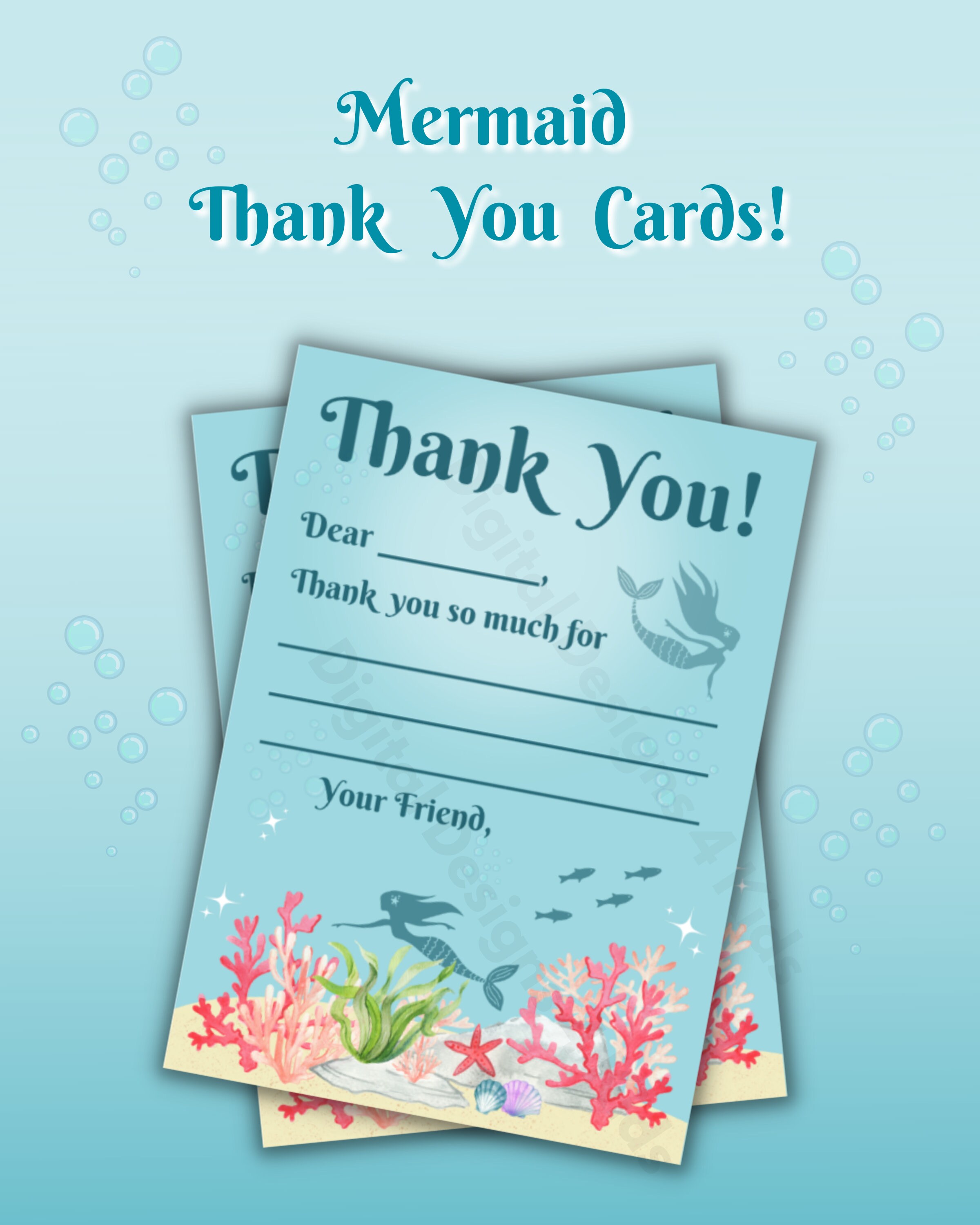 Mermaid Thank You Cards for Kids, Birthday Party Thank You Card ...