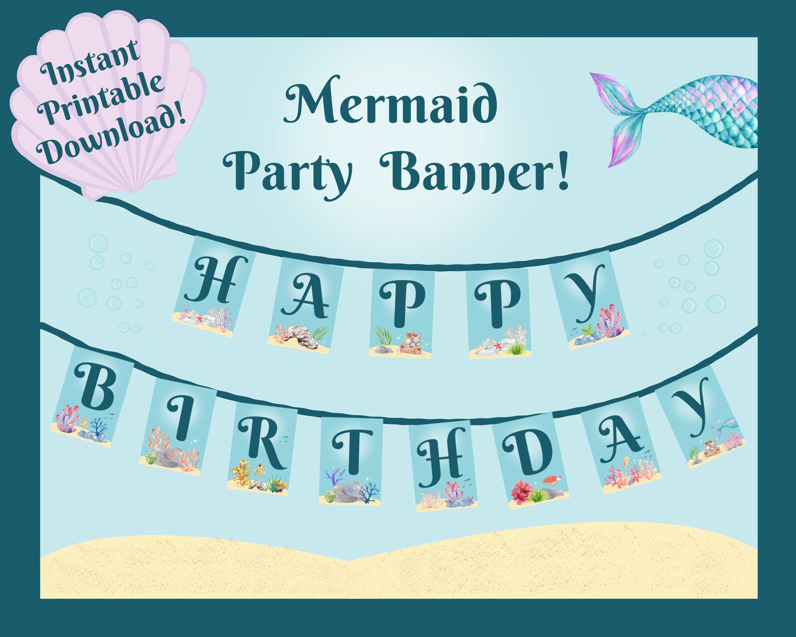 Mermaid Birthday Party Banner, Printable Happy Birthday Banner, Mermaid ...