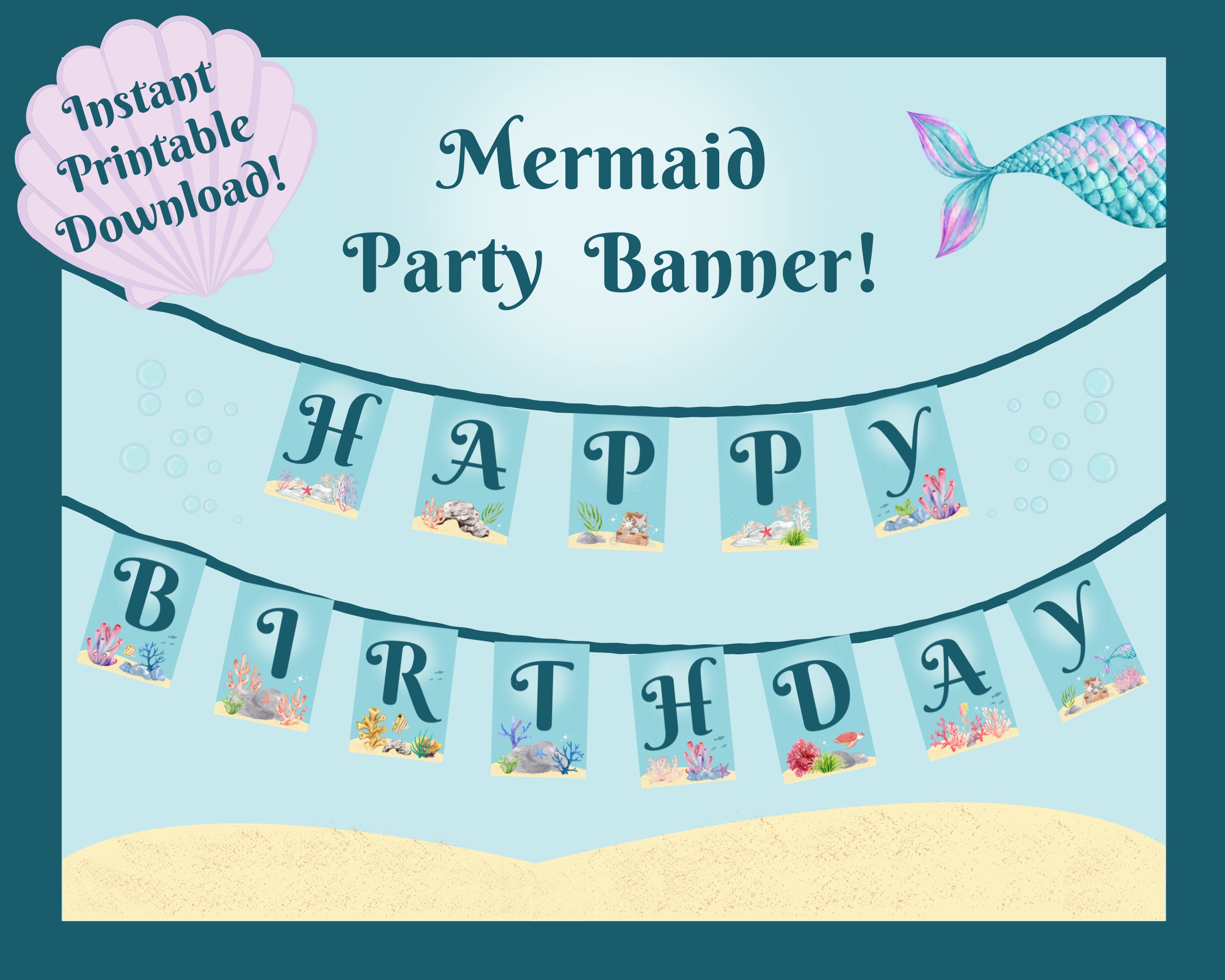 Mermaid Birthday Party Banner, Printable Happy Birthday Banner, Mermaid ...