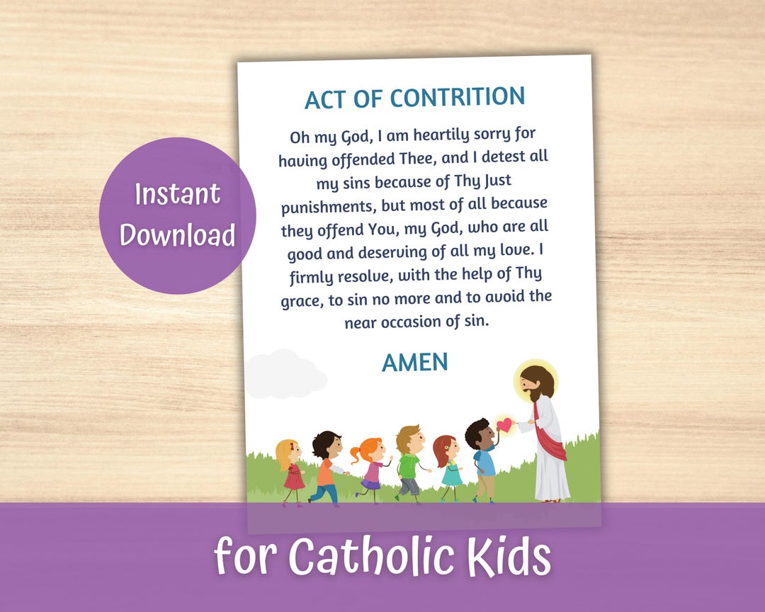 Act of Contrition Catholic Confession Prayer Printable, Kids First ...