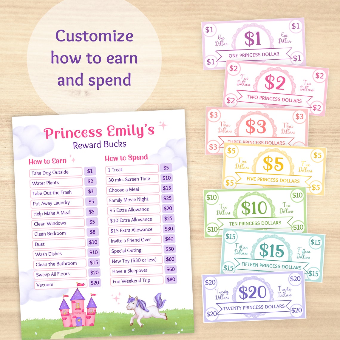Princess Reward System Kids Reward Bucks Responsibility Chart Kids ...