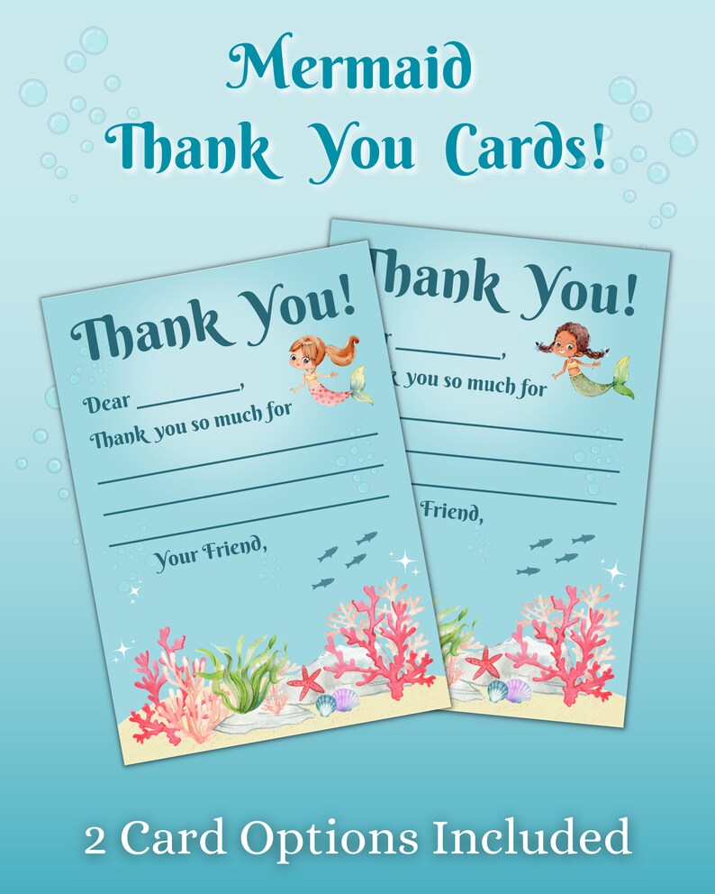 Mermaid Birthday Thank You Cards for Kids, Under the Sea Party Thank ...