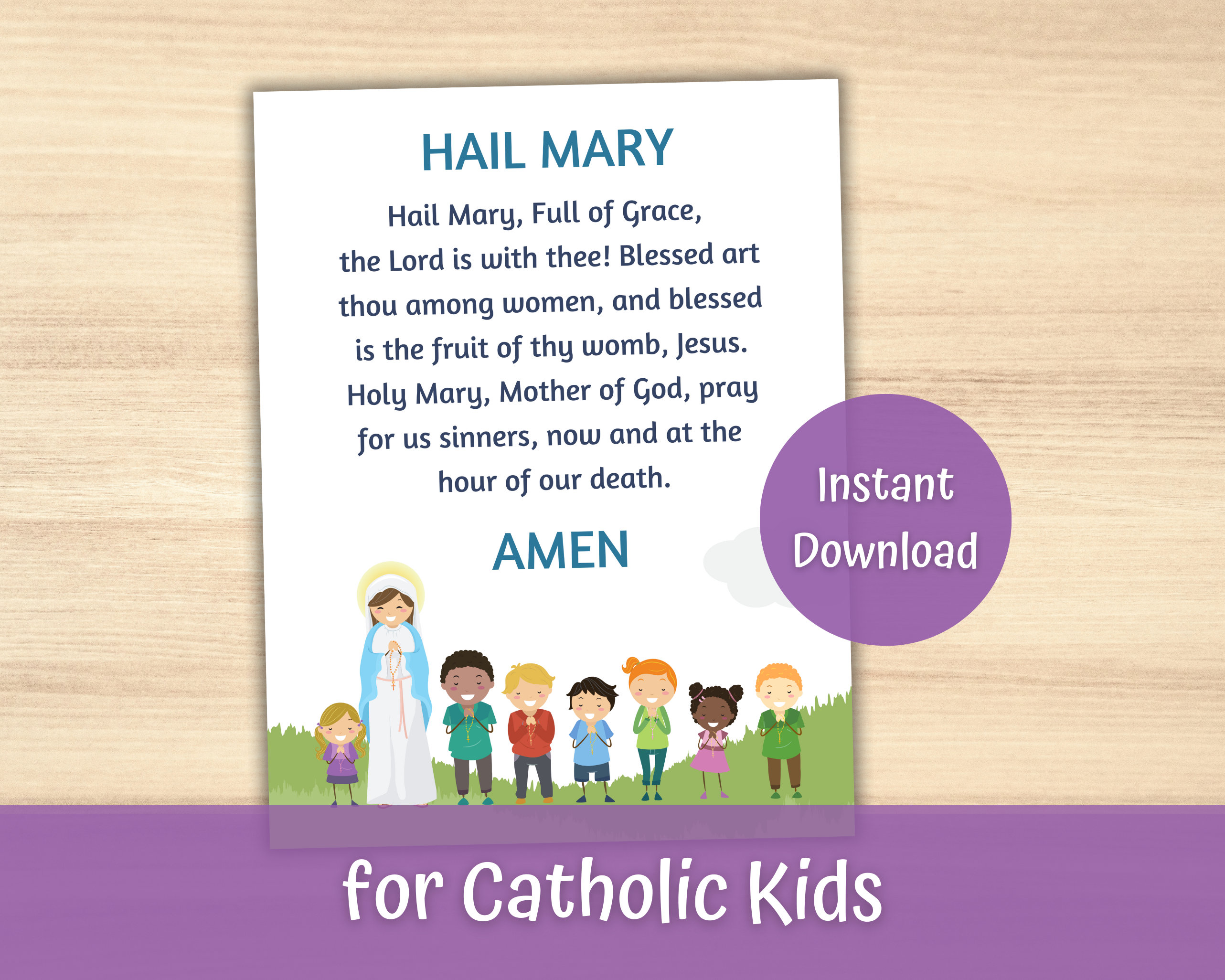 Hail Mary Prayer Printable for Kids Religious, Hail Mary Full of Grace ...