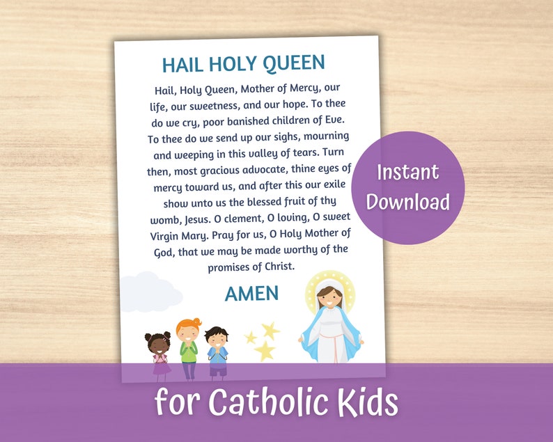 Hail Holy Queen Prayer Printable for Kids, Traditional Catholic Prayer ...