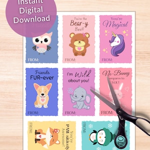 Cute Animals Printable Kids Valentines Day Cards, Preschool Valentines ...