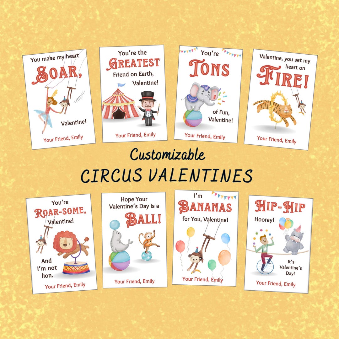 Customizable Circus Valentines Day Cards, Editable Circus Themed ...