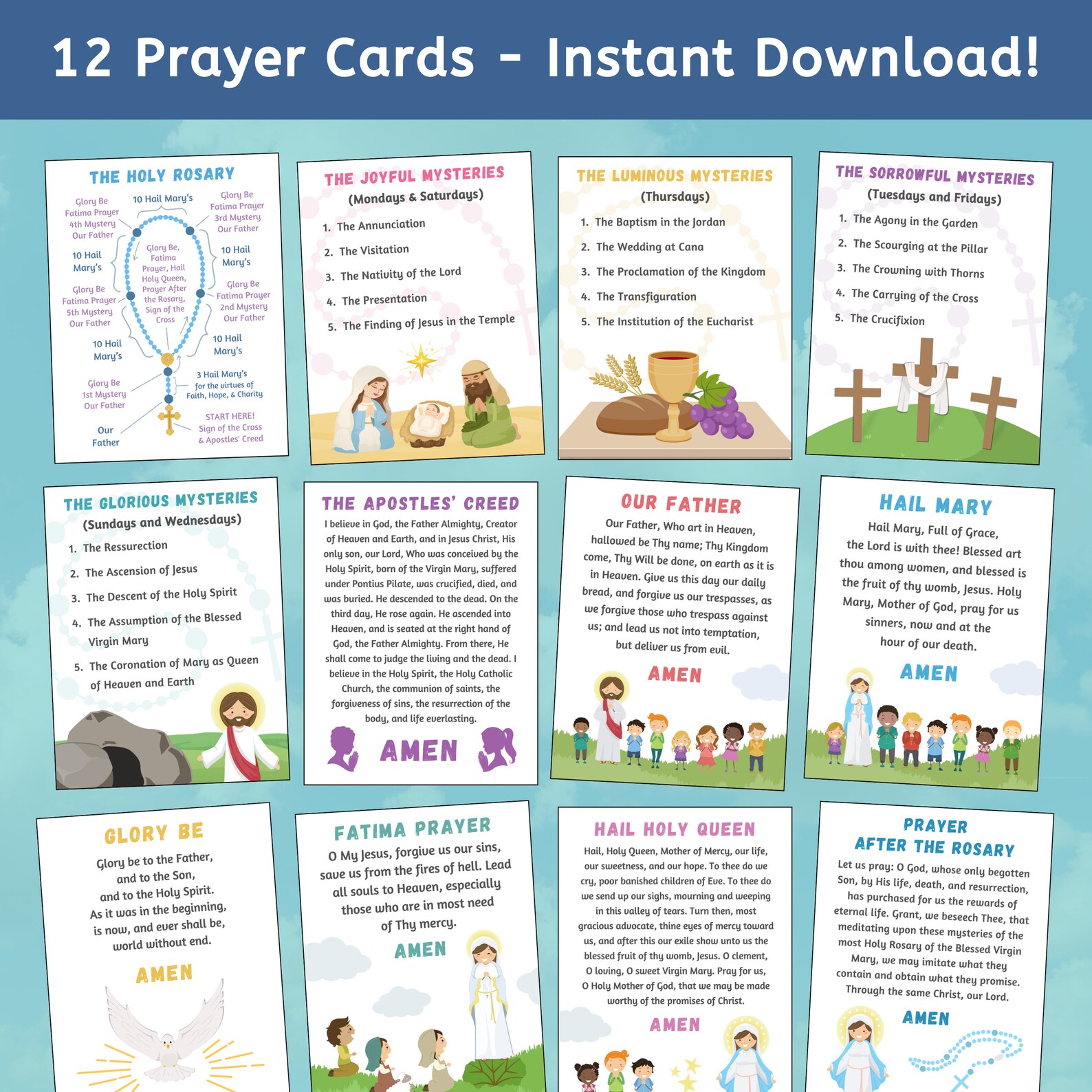 Traditional Catholic Rosary Prayer Cards Kids Sunday School Catholic ...