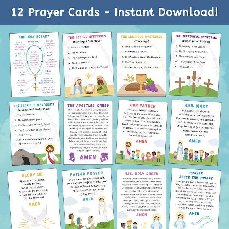 Traditional Catholic Rosary Prayer Cards Kids Sunday School Catholic ...