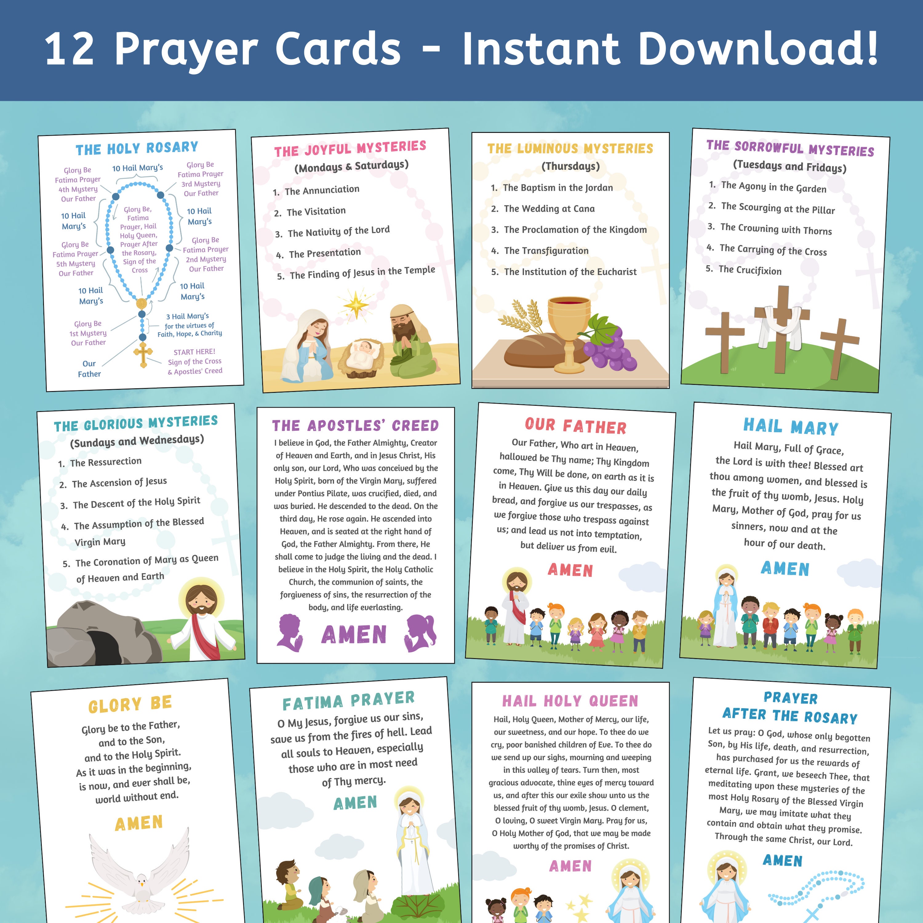 Rosary Mysteries Prayer Cards Kids Catholic Homeschool How to Pray the ...
