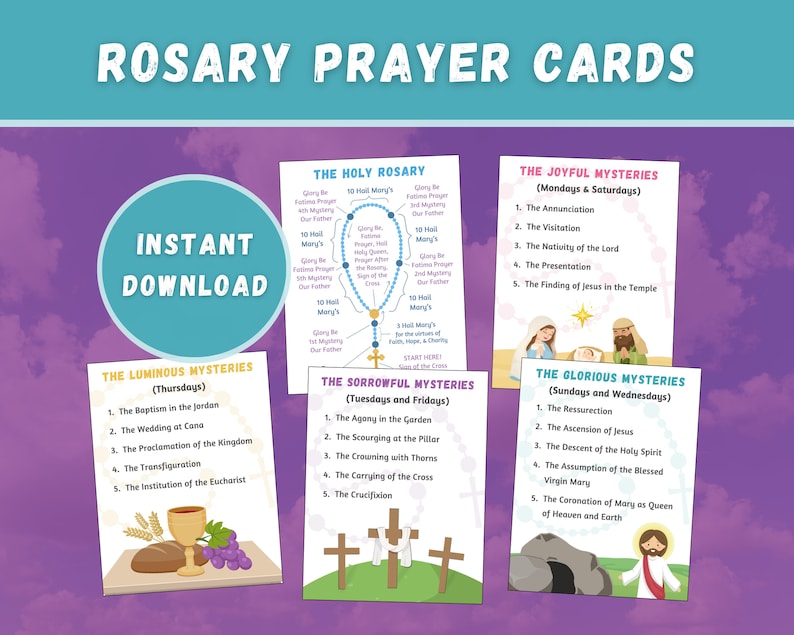 Traditional Catholic Rosary Prayer Cards Kids Sunday School Catholic ...