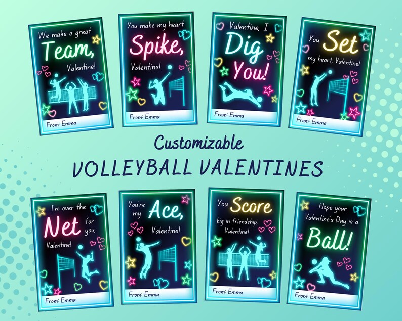 Editable Neon Volleyball Valentines Cards, Retro Neon Glow Volleyball ...