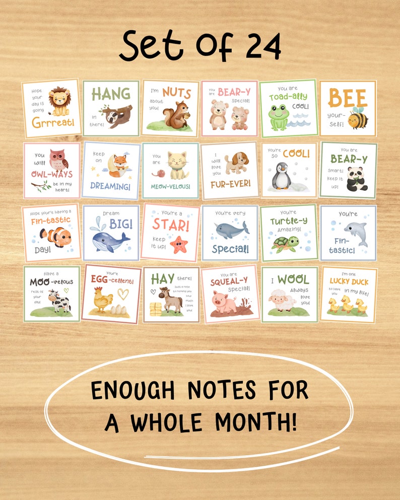 Printable Lunch Box Notes for Kids, Cute Animal Lunch Notes Printable ...