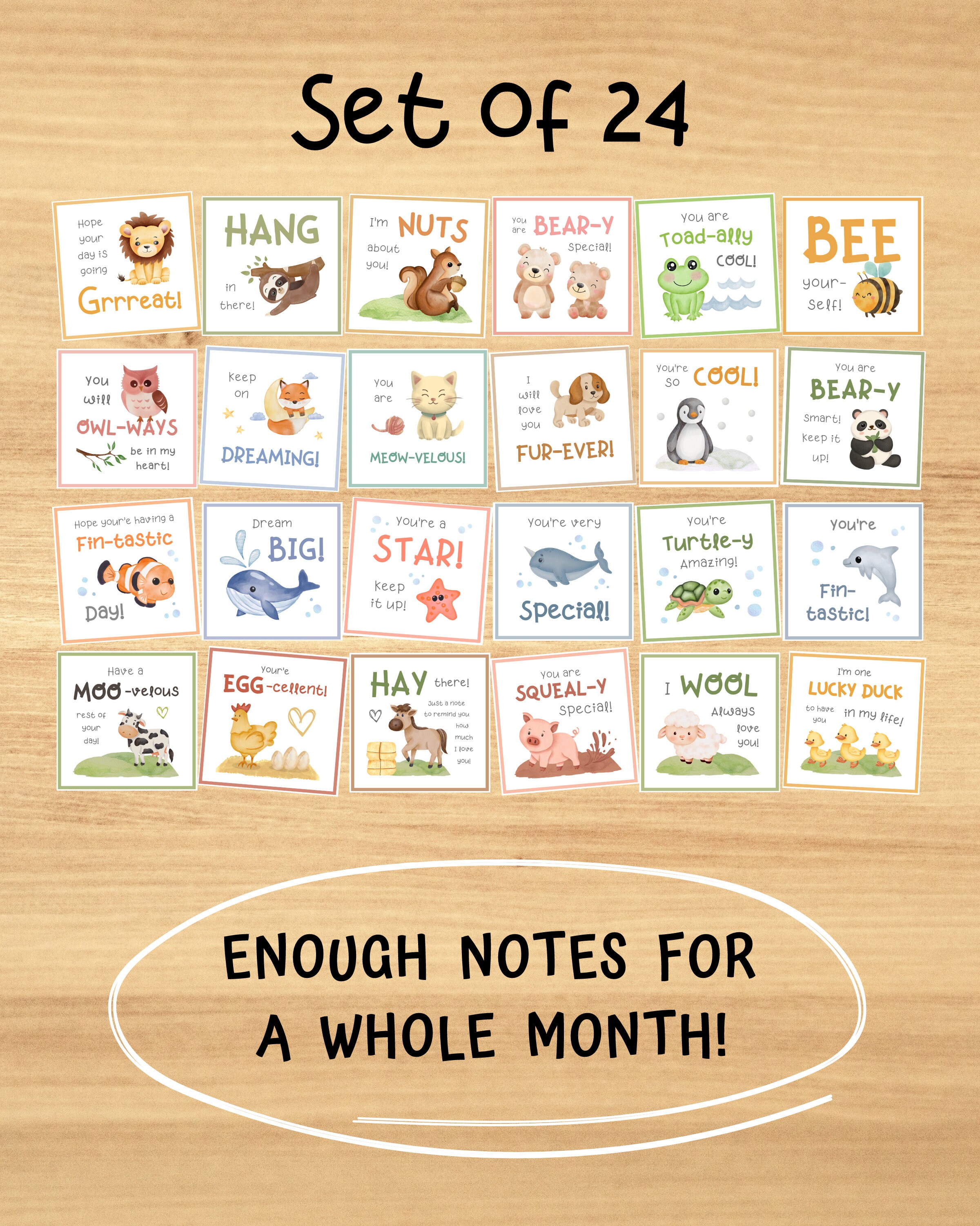 Printable Lunch Box Notes for Kids, Cute Animal Lunch Notes Printable ...