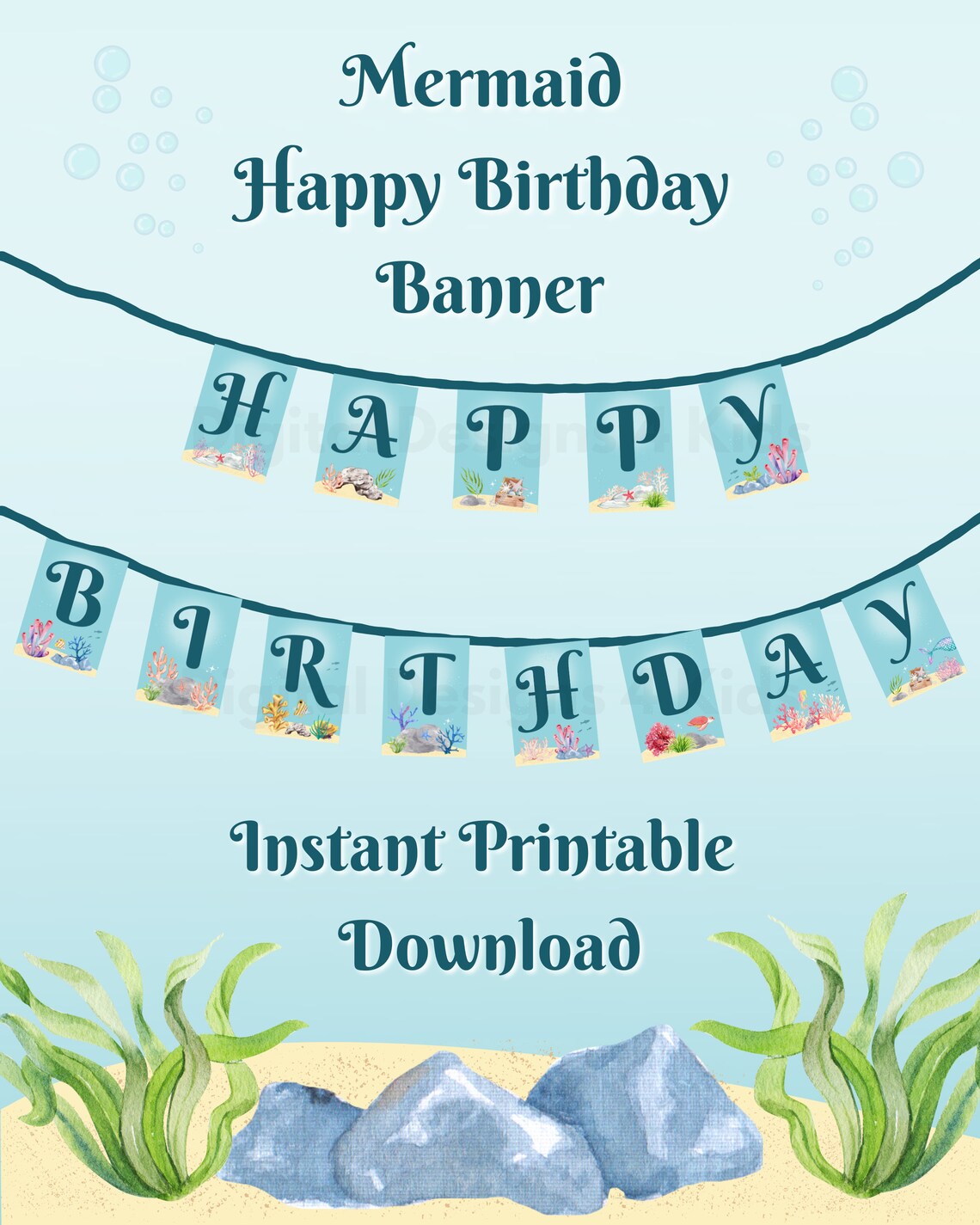 Mermaid Birthday Party Banner, Printable Happy Birthday Banner, Mermaid ...